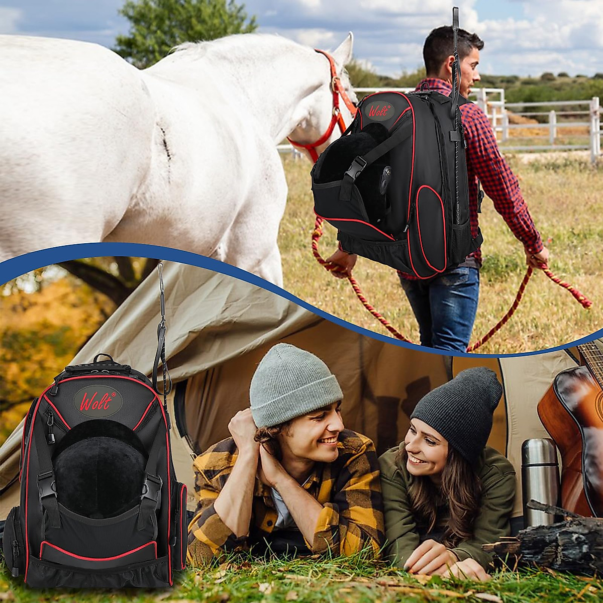 WOLT Professional Equestrian Backpack with Helmet Holder for Horse Riding, One Bag wih Multiple Compartments Carry All Accessories (NOT included), One Size Black+Red