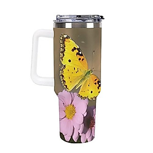 LLUTSNTH 40 Oz Vacuum Tumbler with White Handle Leakproof Insulated Tumbler Yellow Butterfly And Flower Stainless Steel Travel Mug with Lid And Straw Coffee Cup Cute Water Bottles Cup Holder Friendly