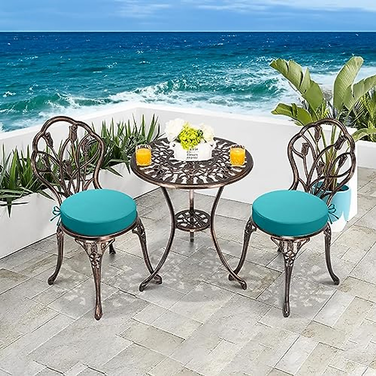 idee-home Outdoor Bistro Chair Cushions, Thick Round Seat Cushions Set of 2 with Ties, 15”x15”x 3” Waterproof Round Patio Chair Cushions for Outdoor Furniture, Round Chair Pads for Garden Peacock Blue