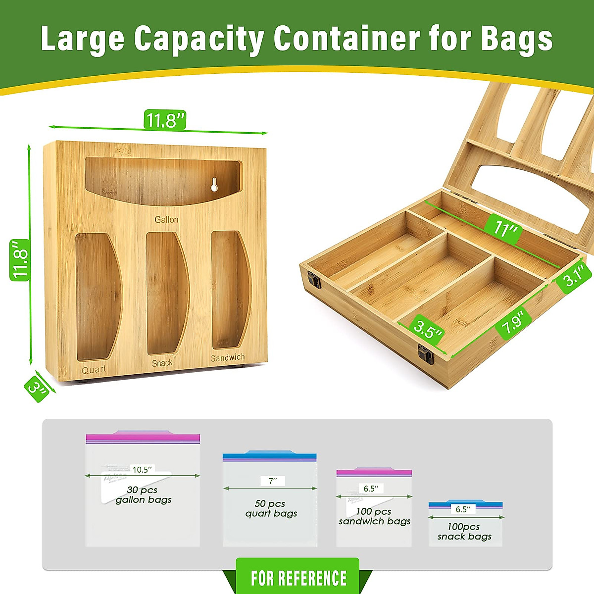 QXKAKA Ziplock Bag Organizer for Drawer, Kitchen Drawer Bamboo Organizer-Clamshell Plastic Bag Organizer, Wall Mounted Baggie Organizer, Ziploc Bag Organizer for Gallon, Quart, Sandwich, Snack