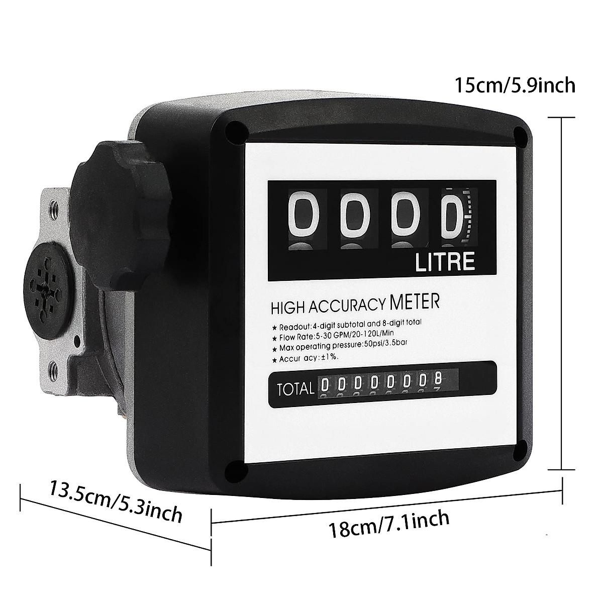 Fuel Flow Meter 1 Inch Gauge 3 Digital for Diesel Tank Transfer Pump Counter ±1% High Accuracy 32 GPM 142 PSI Gas Oil Flowmeters 20-120 LPM