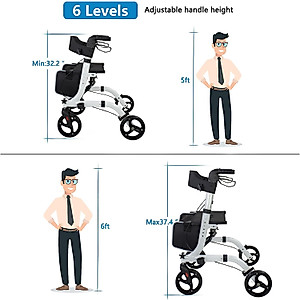 Healconnex Rollator Walkers for Seniors-Folding Rollator Walker with Seat and Four 8-inch Wheels-Medical Rollator，White