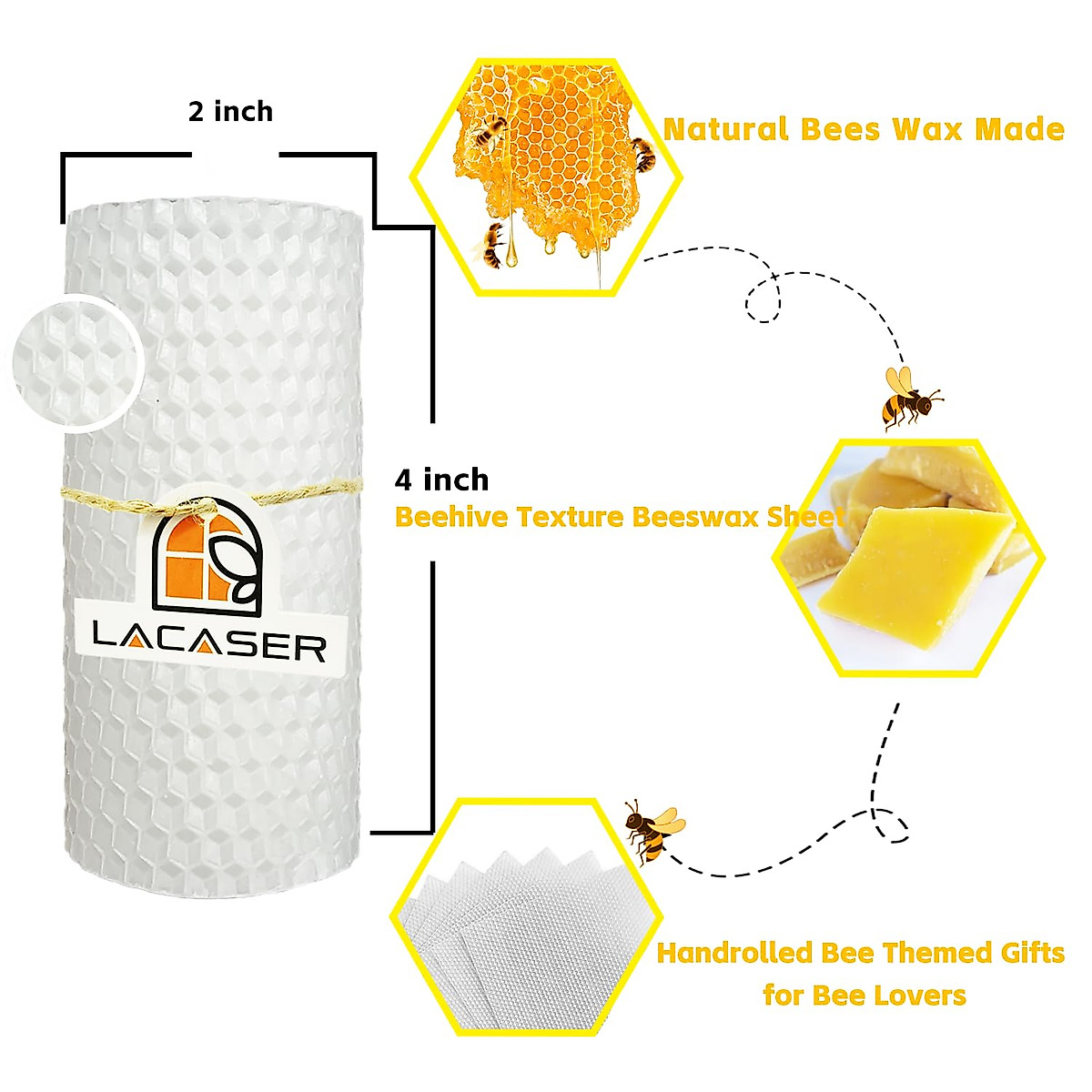 Lacaser Beeswax Pillar Candles Set of 2, 2"x4" Honey Candles, Unscented & Dripless & Smokeless, 7 Hours Burn Time Each, White