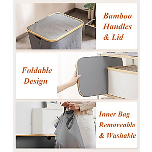 YCJYZLF Large Laundry Hamper with Lid and Bamboo Handles,Tall Collapsible Laundry Basket with Lid and Removable Laundry Bag,Foldable Clothes Hampers for Laundry,Bedroom,Dorm,Towels,Toys (100L,Grey)