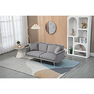 TMEOSK Convertible Futon Sleeper Sofa Bed with 2 Pillows and Armrest, Mid Century Modern Velvet Loveseat Adjustable Couch for Living Room Office Compact Small Space (Gray)