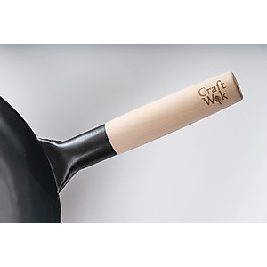 Craft Wok Black13 Flat Pre-Seasoned Hammered Carbon Steel Wok with Wooden and Steel Helper Handle (13 Inch, Flat Bottom)