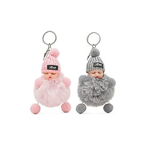 DORIS&JACKY Keychains Cute Doll Keys Fob Ring Charm Accessories For Purse Wallet And Car Key Holder (2dolls-pink+grey)