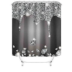 Mightree 4 PCS Bathroom Shower Curtain Set, 71 x 65 inch Waterproof Fabric Bathroom Curtain with 12 Hooks, Toilet Lid Cover and Bath Mat, Non-Slip Rug Foot mat, Gray Diamond