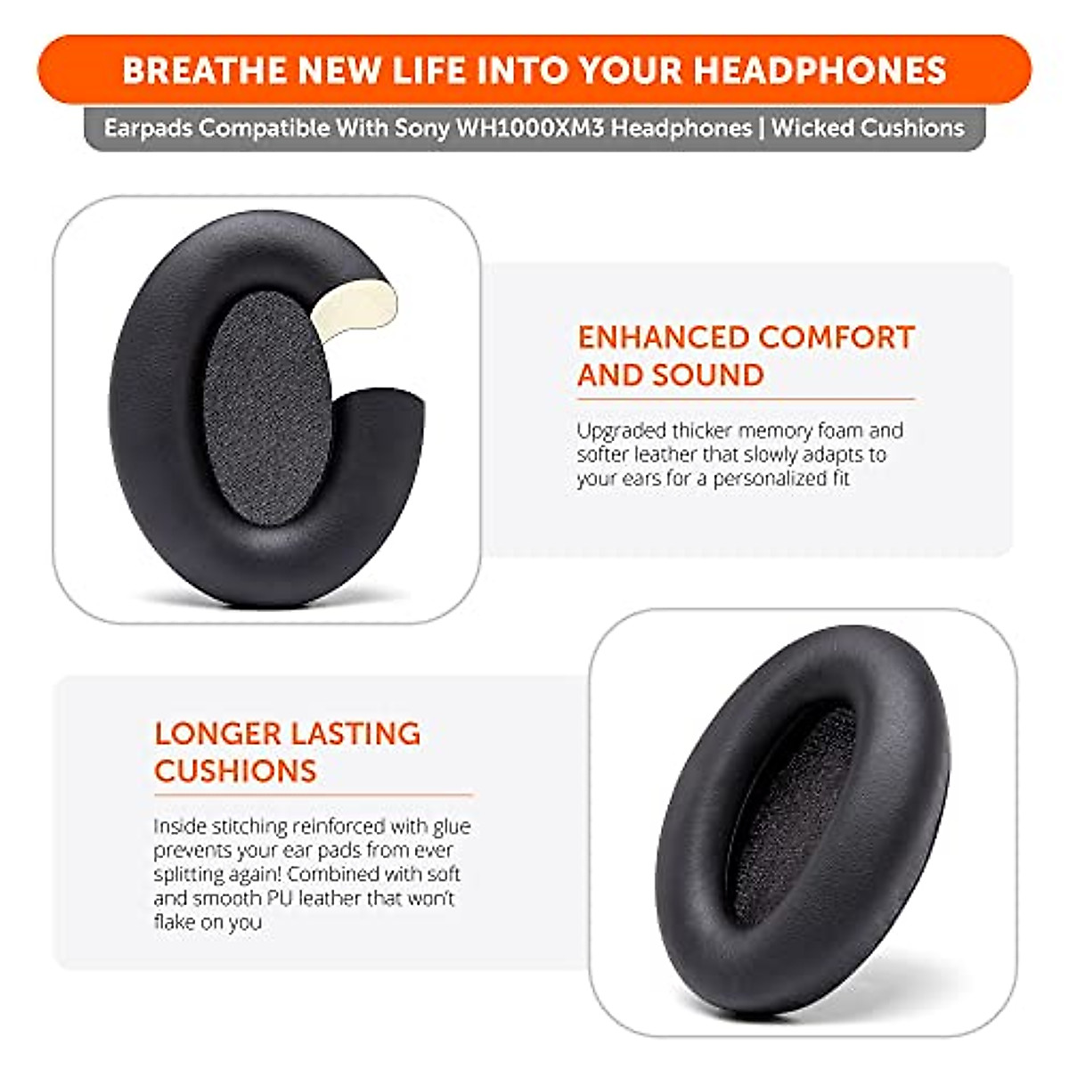 WC Wicked Cushions Extra Thick Replacement Earpads Compatible with Sony WH-1000XM3 Headphones - Black