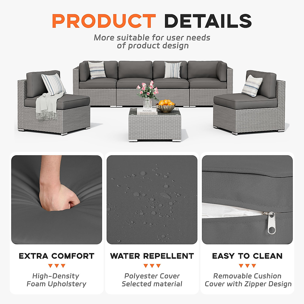 Betterland 7 Piece Outdoor Sectional Sofa Patio Furniture Set, All-Weather PE Grey Wicker Patio Conversation Set with Washable Cushion and Glass Table(Grey Cushions)