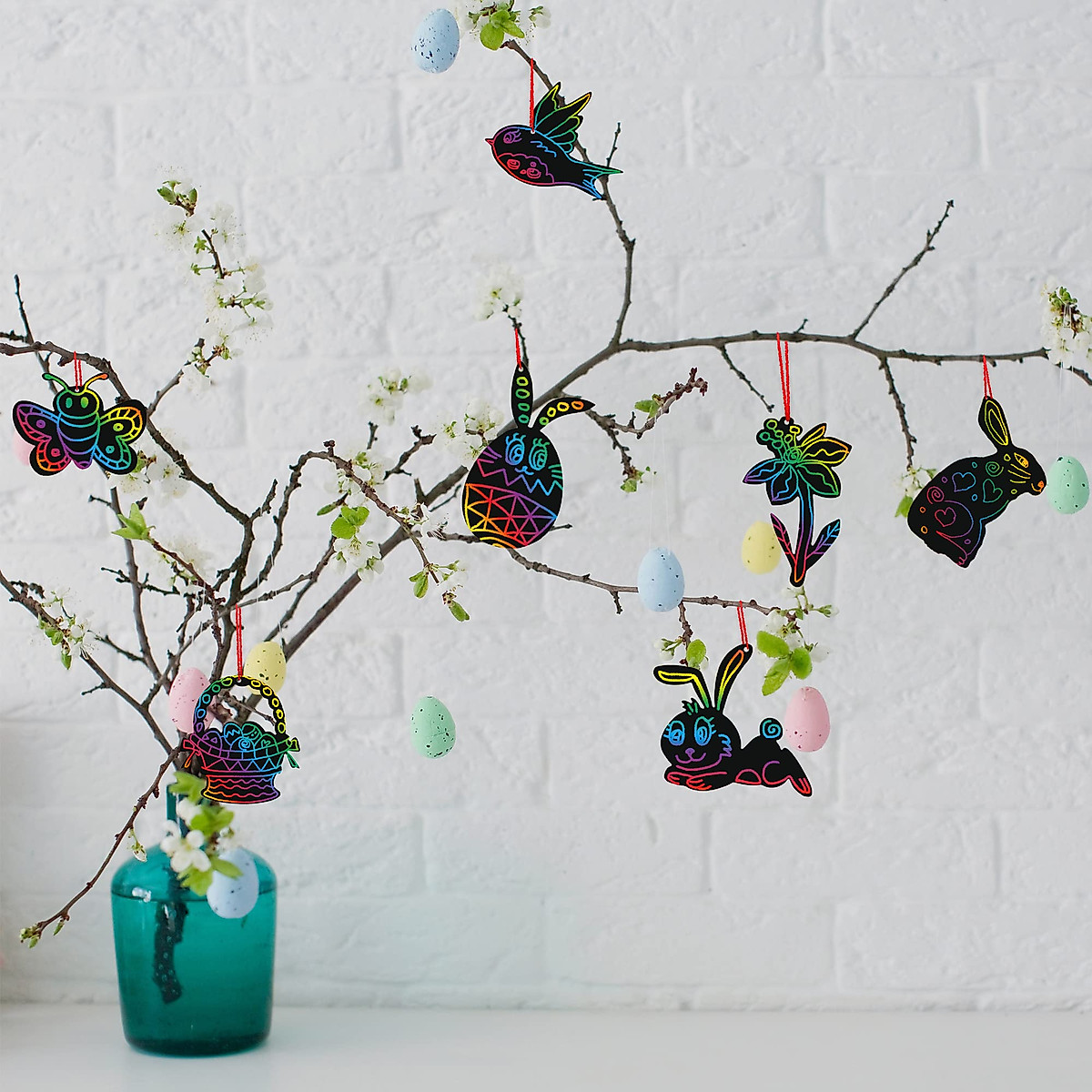 Easter Scratch Art for Kids Bulk, Set of 48 Scratch Art Ornaments, Wooden Stick, & Ribbon, Easter Craft Kit, Unique Teen Easter Basket Stuffers, Cool Fun Easter Gifts for Teens, Easter Craft Kit