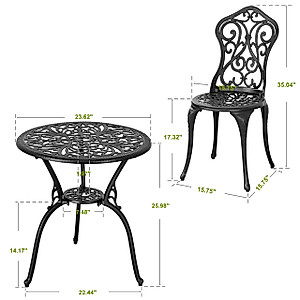 NUU GARDEN 3 Piece Outdoor Bistro Table Set, All Weather Cast Aluminum Patio Bistro Sets Patio Table and Chairs Set of 2 with 1.97" Umbrella Hole for Garden, Yard, Balcony, Black