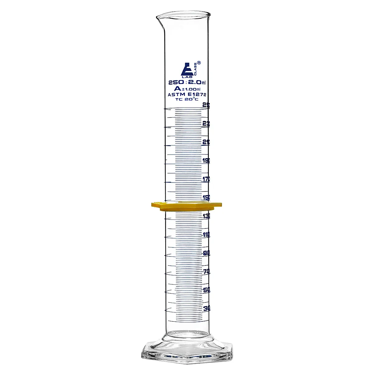EISCO Graduated Cylinder, 250mL - ASTM, Class A Tolerance ±1.00mL - Protective Collar, Hexagonal Base - Blue Graduations - Borosilicate 3.3 Glass
