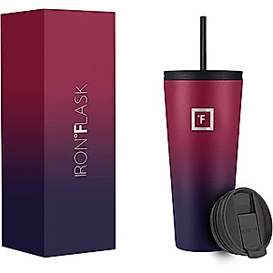 IRON °FLASK Classic Tumbler 2.0-2 Lids (Straw/Flip), Vacuum Insulated Stainless Steel Water Bottle, Double Walled, Drinking cup, Thermo Travel Mug - Dark Rainbow, 32 Oz