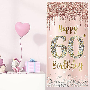 60th Birthday Door Banner Decorations for Women, Pink Rose Gold Happy 60th Birthday Door Cover Backdrop Party Supplies, Large Sixty Year Old Birthday Poster Sign Decor
