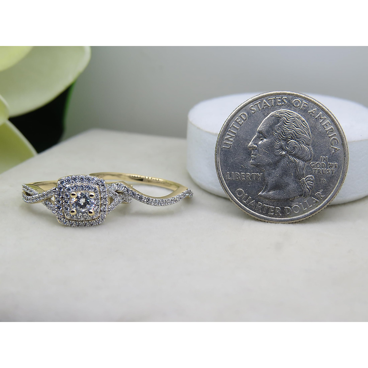 Dazzlingrock Collection 4mm Center Round Cubic Zirconia Halo Cushion Criss Cross Wedding Ring Set for Women (1.40 ctw, Color White, Clarity Clean) in 10K Yellow Gold, Size 8