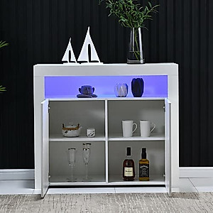 Modern High Gloss Sideboard 2 Door Storage Cabinet Open Cupboard Sleek Farmhouse Accent Side Cabinet Kitchen Buffet Cabinet with Multi-Color LED Lights and Interior Shelves Fashion Home Furniture