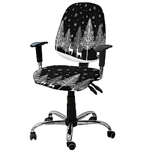 Snowflake Elk Office Chair Cover Stretchable Computer Chair Seat Cover Backrest Slipcovers, Stretchable Rotating Desk Chair Seat Cushion Split Protectors Geometric Christmas Tree Branch Black