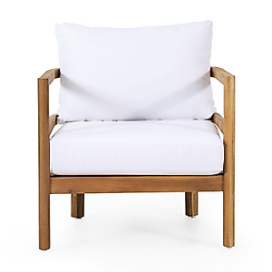 Acacia Wood Outdoor Club Chair with Cushions White Transitional Fabric Arm Chairs Removable