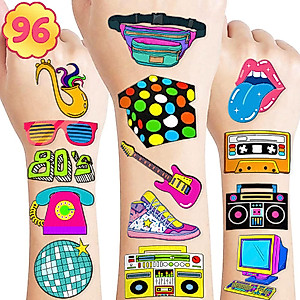 96 PCS Throwback 80s 90s Retro Theme Temporary Tattoos Birthday Party Favors Decorations Supplies Decor Cute Vintage Tattoo Stickers Gifts for Games Kids Girls Boys School Rewards Carnival Christmas
