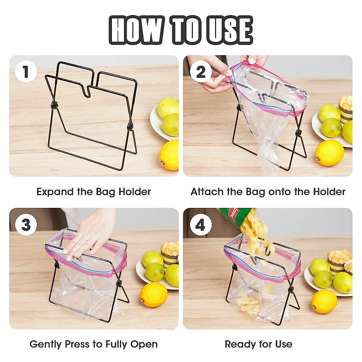 NiHome Versatile Metal Zip Lock Bag Holder with Artistic Iron Craftsmanship for Leakproof and Effortless One-Handed Packing, Sized for Kitchen and Household Use (7.1"D x 4.3"W x 6.7"H)