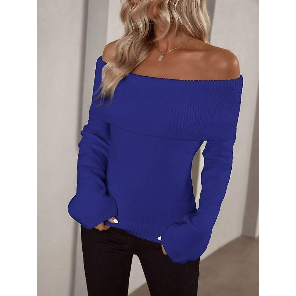 Labolliy Women Off Shoulder Fold Over Long Sleeve Sweaters Casual Solid Ribbed Knit 2023 Fall Pullover Jumper Tops Royal Blue
