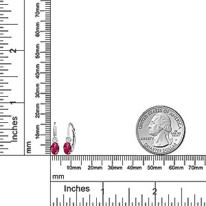 Gem Stone King 14K White Gold Red Created Ruby and White Created Sapphire Leverback Earrings For Women | 1.08 Cttw | Gemstone July Birthstone | Oval 6X4MM, Round 2MM | 3/4 Inch