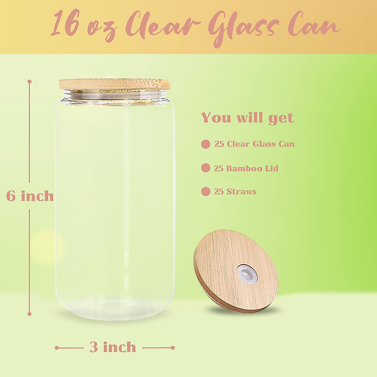 VEVELU 25 Pack Sublimation Glass Cups with Lids and Straws 16oz Clear Sublimation Glass Can Blanks Tumblers Glass Sublimation Cups with Bamboo Lid Drinking Juice Jars Beer Can Glass Iced Coffee Cups