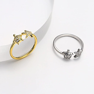 NewZenro CZ Star Cute Turtle Asymmetric Small Open Rings for Women Dainty 925 Sterling Silver Animals Adjustable Statement Knuckle Rings Thin Tiny Finger Pinky Rings for Daughter Bff Birthday (Gold)