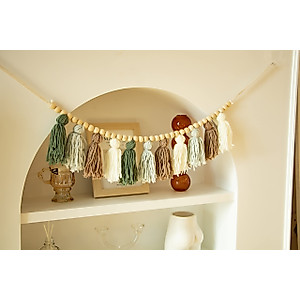 Decocove Tassel Garland - Boho Tassel Garland with Wood Beads - Wall Decor for Dorm, Girls Room and Nursery Room - Olive Green (36 inch)
