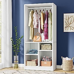 Tribesigns Wardrobe Closet, White Wood Armoire Wardrobe Closet with Open Storage Shelves and Hanging Rod, Freestanding Wardrobe Cabinet for Bedroom (1 PCS)