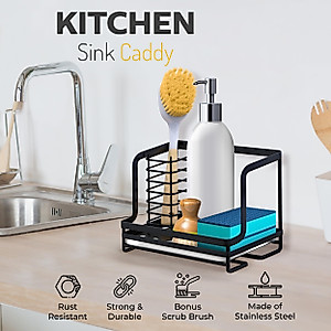 Aristeia Home Kitchen Sink Caddy Organizer - Stainless Steel Kitchen Sink Organizer with Drip Tray, Versatile Sponge Caddy for Kitchen Sink with Scrub Brush Included - Black