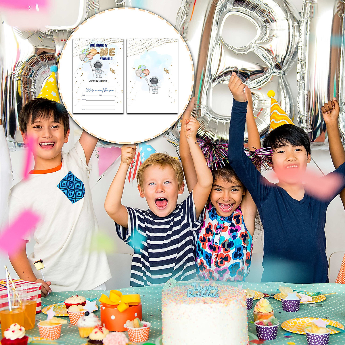 Buildinest Out Of This World 1st Birthday Party Invitations with Envelopes (20-Pack), 4"x6" First Trip Around the Sun Birthday Invitation Cards, Outer Space Style Party Invites-B22