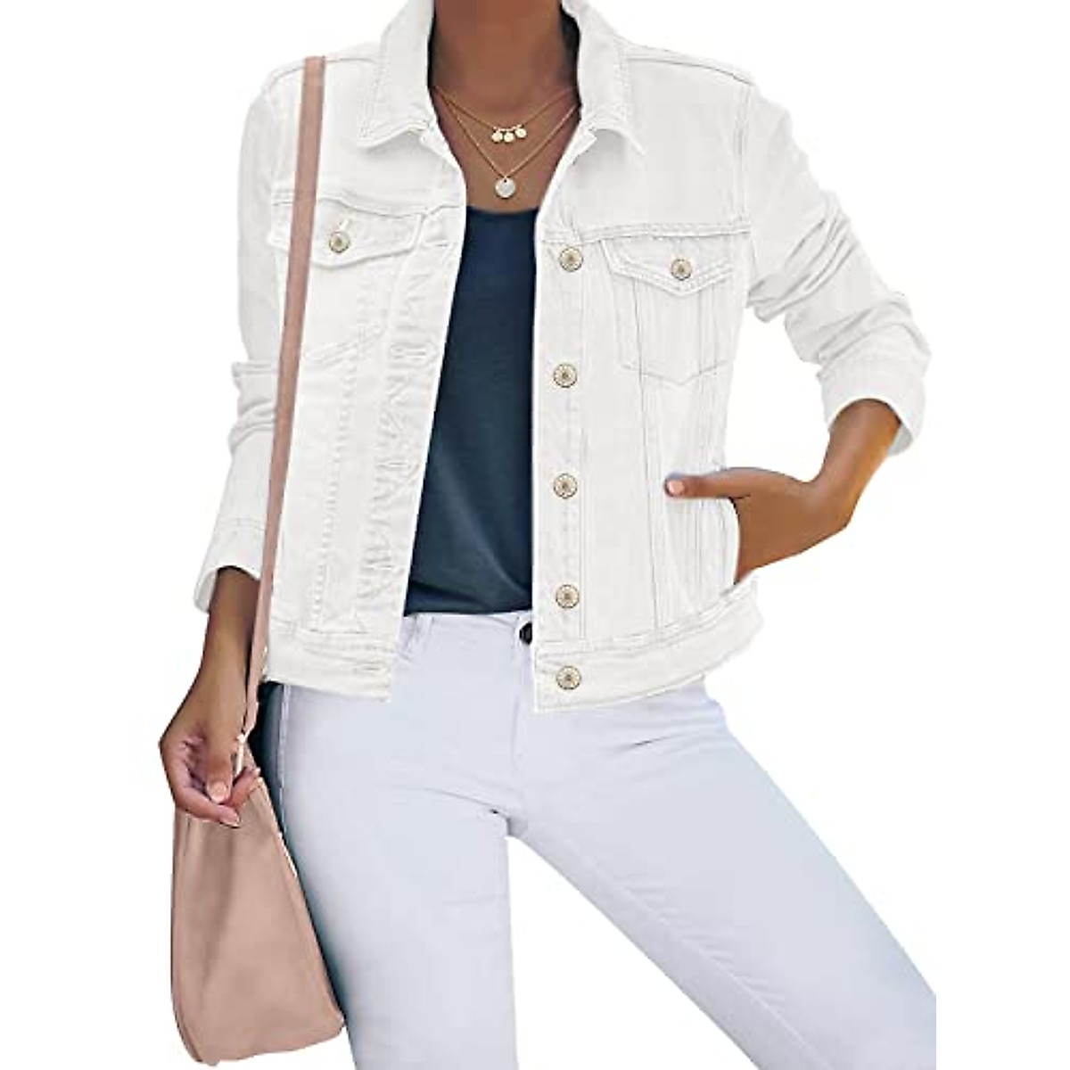 luvamia Women's Casual Denim Jacket Stretch Long Sleeve Button Down Basic Jean Trucker Jacket White Size Medium