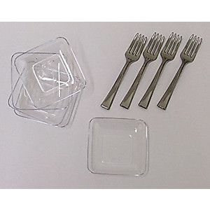 40 2.5" Mini Square Dessert Plates And 50 4" Mini Silver Tasting Forks. 90 Piece Tasting Sampling Dessert Appetizer Set. Disposable Plastic Hors D'oeuvres Combo Set.