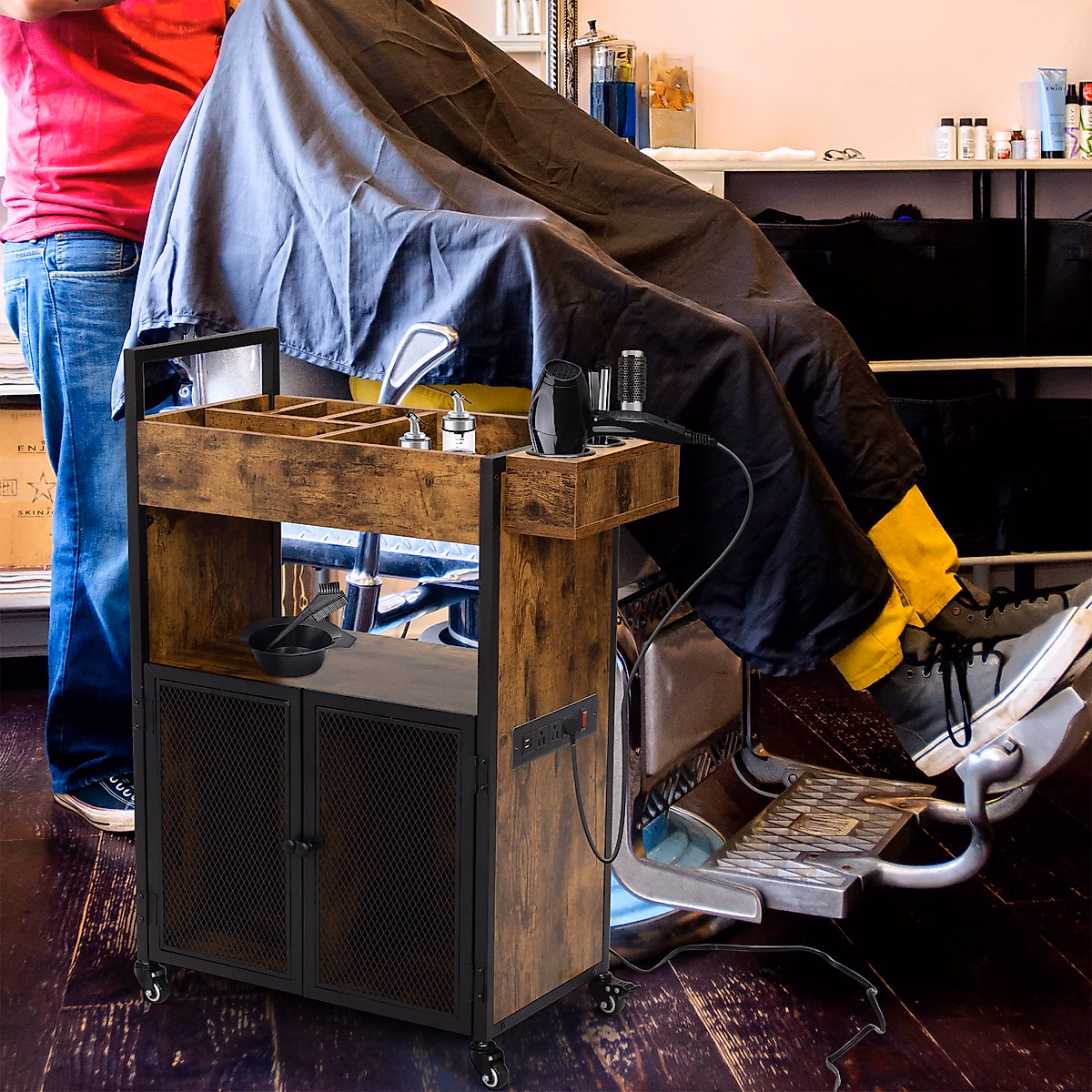 RESHABLE Rolling Salon Station with Wheels, Barbershop Station with Extra Storage Space, Hairstylist Cart with Charging Station and USB Ports, Rustic Brown