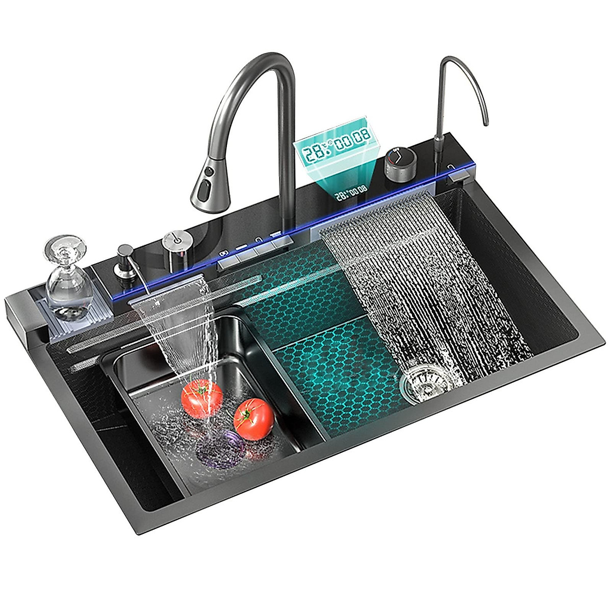 Kitchen Sink Digital Display Embossed Large Single Groove 304 Stainless Steel Nano Raindance Waterfall Sink with Pressurized Cup Washer and Two Waterfalls