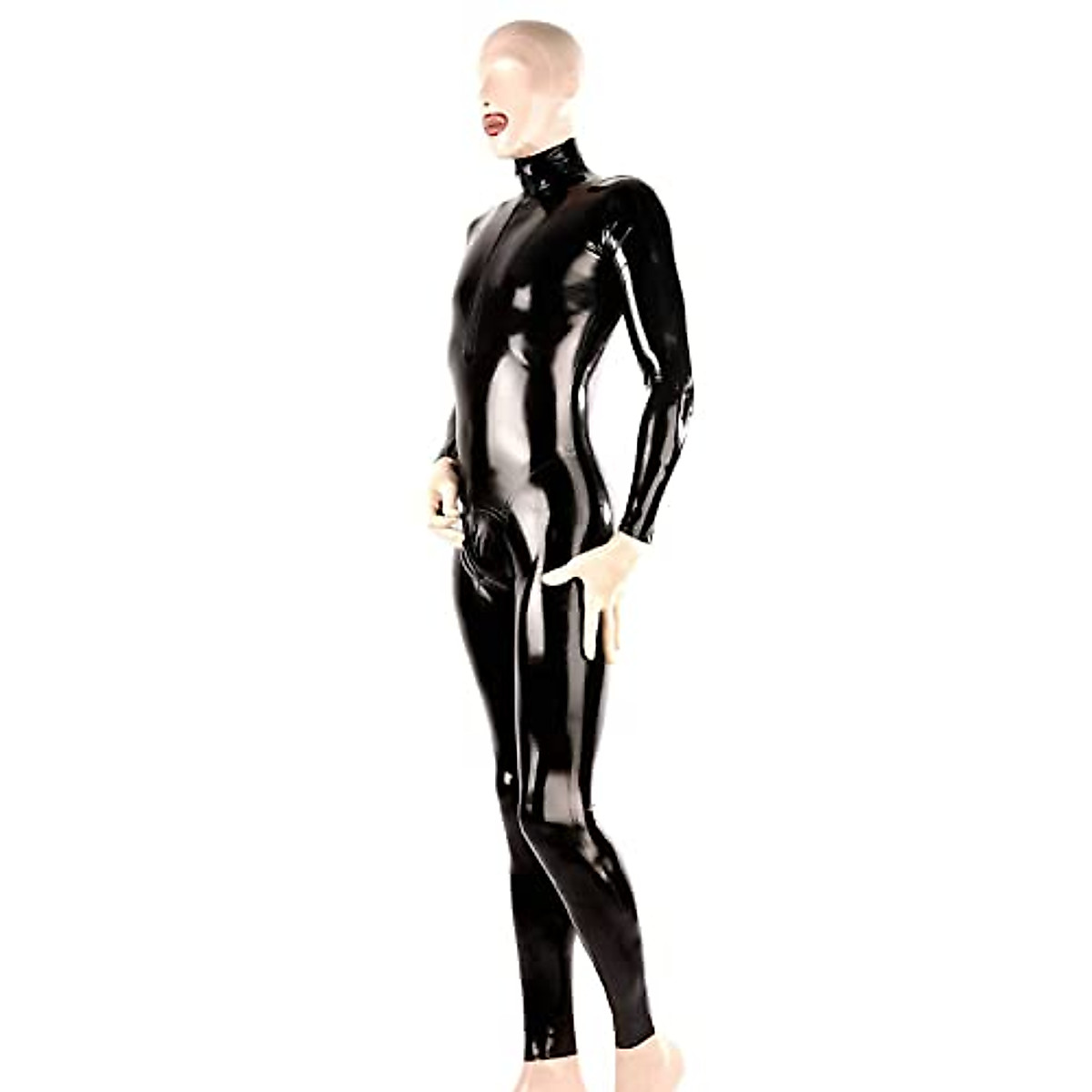 Sexy Black Latex Catsuit with Front Zip and Crotch Zip Rubber Jumpsuit Handmade Imitation Uniform Bodysuit W/o Hood,Black,Women-S