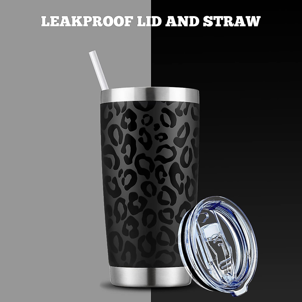 CIVAGO 20oz Insulated Stainless Steel Tumbler, Coffee Tumbler with Lid and Straw, Double Wall Vacuum Travel Coffee Mug, Powder Coated Tumbler Cup for Hot and Cold Drinks (Black Leopard, 1 Pack)