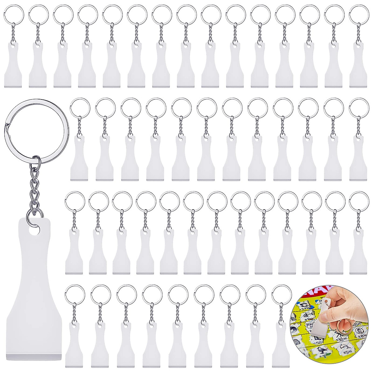 50 Pcs Lottery Scratcher Tool Plastic Scraper Tool Keychain Scoop Shape Lotto Scratcher Keyring Gambler Lucky Gift for Lottery Tickets Stickers Labels Films Sublimation Multifunction