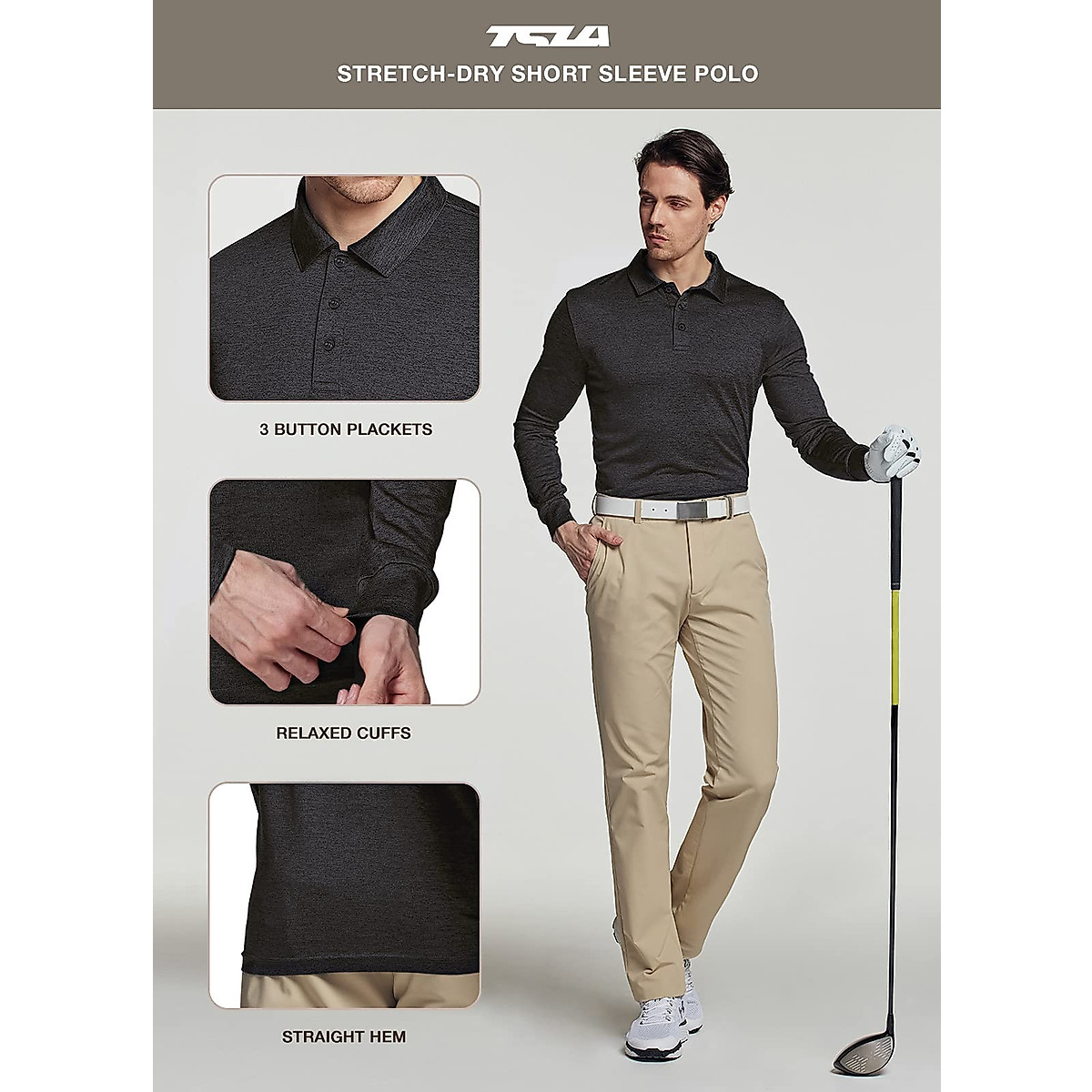 TSLA Men's Long Sleeve Cooling Polo Shirts, UPF Sun Protection Stretch Cool Dry Golf Shirt, Active Business Casual Shirts, Stretch Dry Polo Heather Black, XX-Large