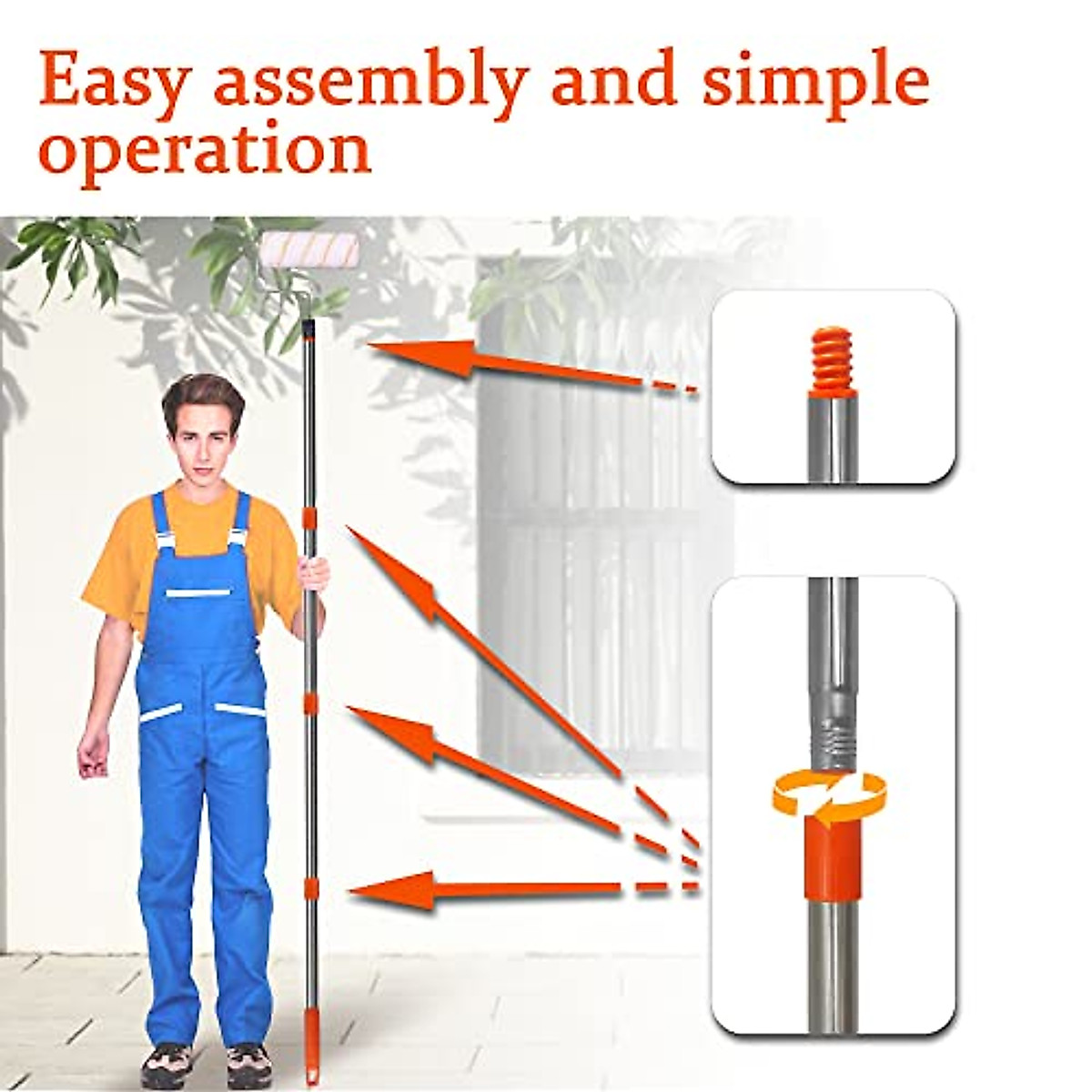 cosbur Spin Mop Handle Replacement, 4-Section Mop Handle Replacement for Spin Mop, Stainless Steel Mop Pole Handle for Commercial Mop and Mop Refills, Cleaning Tools Accessories(Orange)