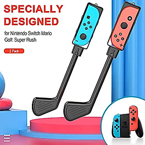 TiMOVO Golf Clubs Compatible with Nintendo Switch Mario Golf: Super Rush Game/Switch Sports, 2 Pack Golf Handle with Hand Strap Game Accessories Golf Grips Fit Switch/Switch OLED Controller, Black