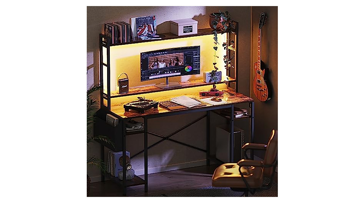 Huuger 55-inch Computer Desk with LED Lights & Adjustable Shelves