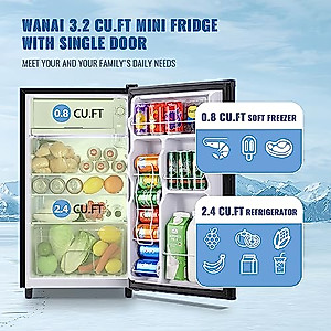 WANAI Single Door Fridge 3.2 Cu.Ft Refrigerator with Freezer, 5 Level Adjustable Thermostat, Fridge for Dorm Office Bedroom LED Light & Removable Glass Shelves, Black