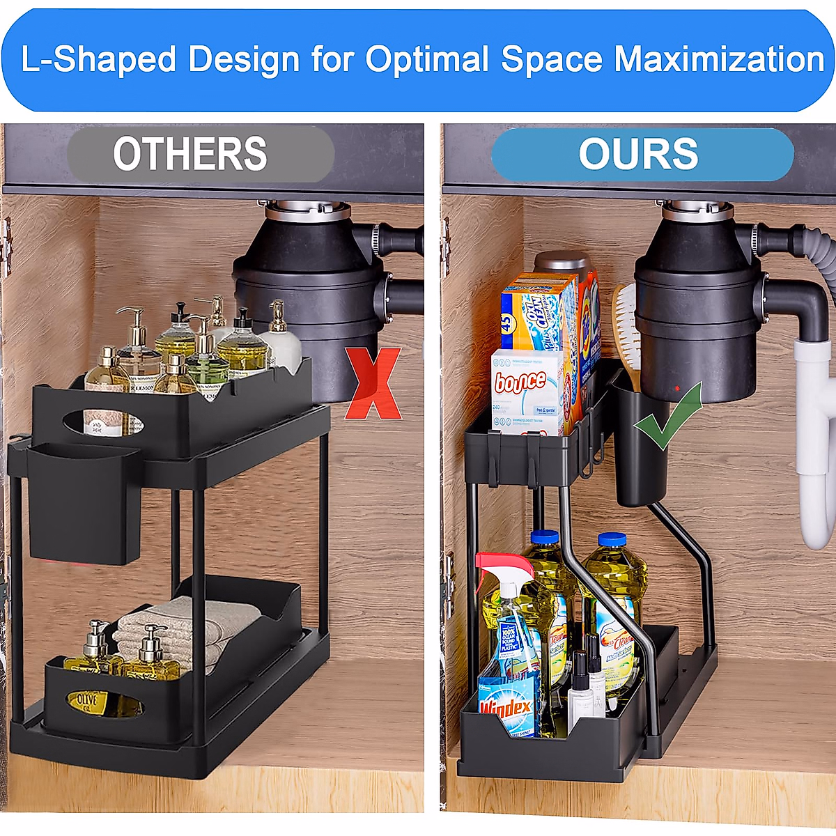 Santoy 2 Pack Under Sink Organizers and Storage, L-Shaped Pull-Out Sink Bathroom Kitchen Organizer with Hooks and Hanging Cup, 2 Tier Under Sink Cabinet Baskets Shelf with Sliding Drawers，Black