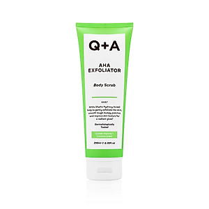 Q+A AHA Exfoliator Body Scrub, blend of AHA’s Lactic Acid and Glycolic Acid combined with exfoliants, improves skin texture and promotes soft and supple skin, 250ml