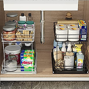 Ronanemon Under Sink Cabinet Organizer Storage with 2 Tier Pull Out Sliding Shelf with Protective Shelf Liners for Kitchen Bathroom Cabinet(White)