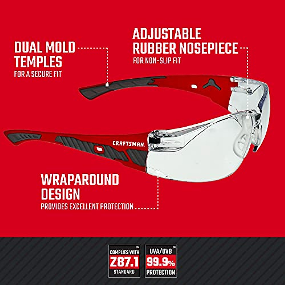 Craftsman 200, Safety Glass,  Comfort Fit - Clear, Red Frame