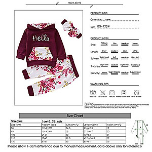 Camidy 1-5T Baby Girls Toddler Floral Hoodies Hooded Tops + Pants + Headband 3Pcs Outfits Clothes Set Purplish Red